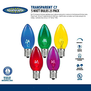 Novelty Lights Christmas Replacement Bulbs - Outdoor Individual Bulbs For Events, Holiday Parties, Patios, And More - C7/E12 Candelabra Base, 5 Watt Lights (Clear, 25 Pack)