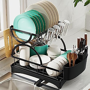 Elerator Dish Drying Racks for Kitchen Counter, Large 2 Tier Dish Rack with Drainboard, Rust-Proof Metal Dish Drainers with Detachable Cup Holder, Cutlery Holder, Cutting Board Holder.
