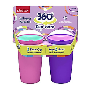 Playtex Baby Stage 2 Spoutless 360 Drinking Cups, Ages 1+, Leakproof, Spill Proof, Pink and Purple, 10 Ounce, 2 Count