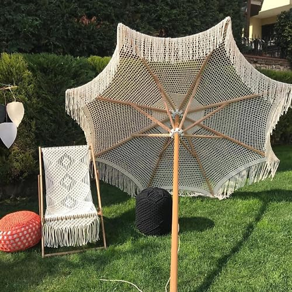 Macrame Umbrella Cover - Home Boho Decor Garden Beach Parasol Cotton Beige With Tassels, Umbrella with Fringe - Patio Umbrella - UV50+ Sun Protection, Waterproof Outdoor Umbrella Cover for 8.2' Umbrellas (ONLY COVER)