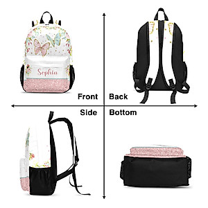 Personalized School Backpack,Floral Butterfly Pink Glitter Custom Casual 17 Inch Durable Bag for Girls Boys