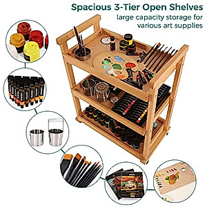 VISWIN 37" H Wood Storage Rolling Cart, Solid Beech Wood 3 Tier Rolling Cart with 4 Lockable Wheels, Multifunctional Art Craft Cart Organizer for Art Supplies, Studio, Classroom, Bedroom, Kitchen