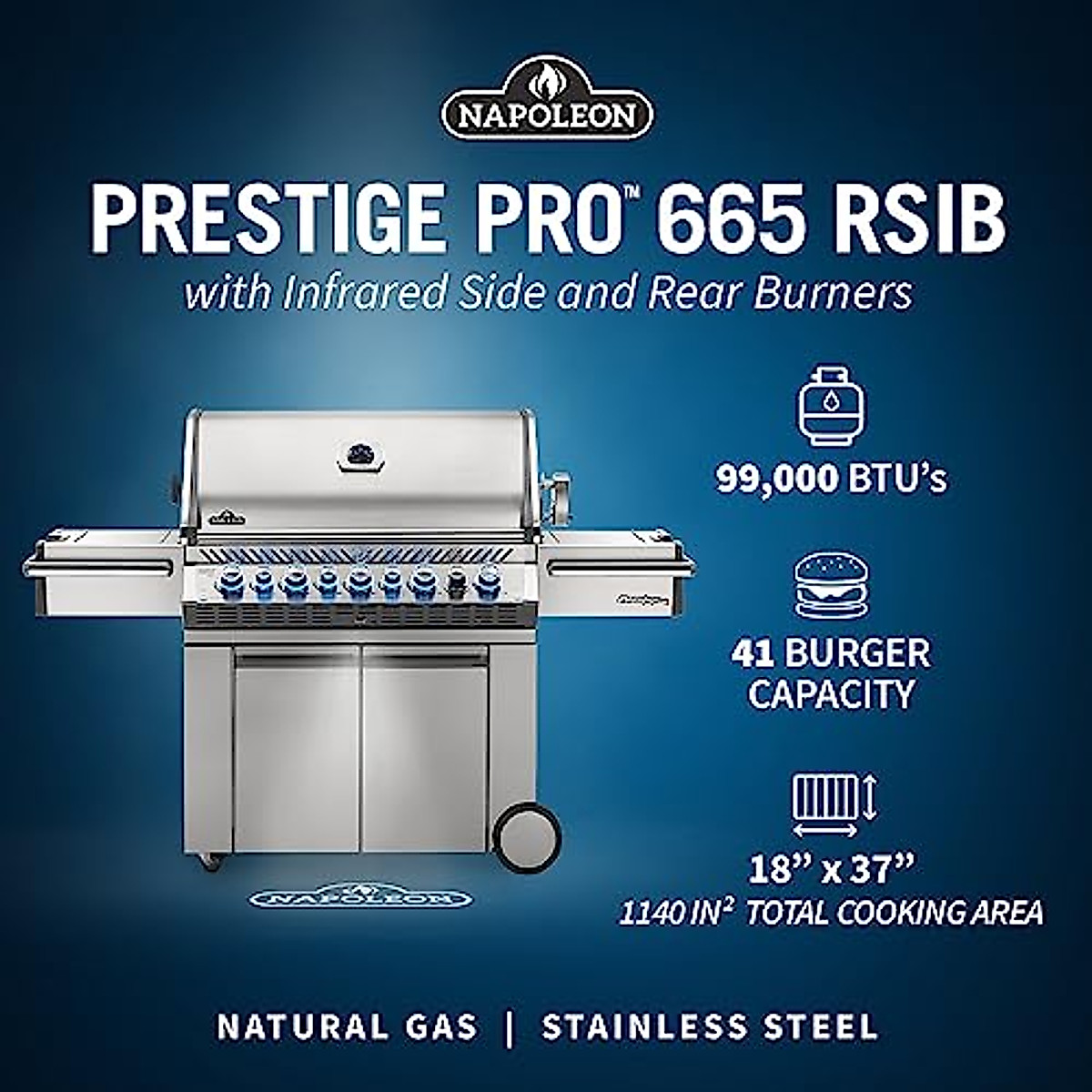 Napoleon PRO665RSIBNSS-3 Prestige PRO RSIB Natural Gas Grill, 665 sq.in. + Infrared Side and Rear Burners, Stainless Steel
