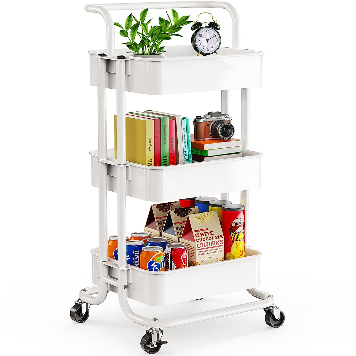 3 Tier Mesh Utility Cart, Rolling Metal Organization Cart with Handle and Lockable Wheels, Multifunctional Storage Shelves for Kitchen Living Room Office by Pipishell White