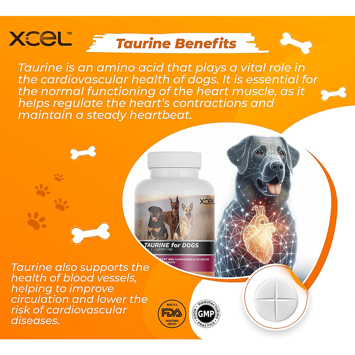 1000 mg Quarter Dosing Taurine Supplement with L Carnitine for Dogs, Supports Heart, Cardiovascular Health, Supports Eye Health