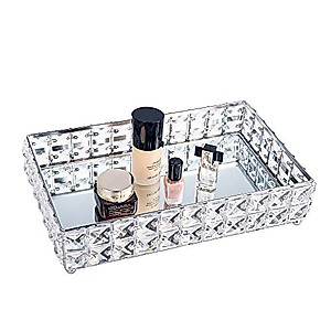 Feyarl Crystal Cosmetic Decorative Vanity Tray Jewelry Trinket Perfume Bottles Storage Organizer with Real Glass Surface for Dresser Table Home Deco12inch (Silver)