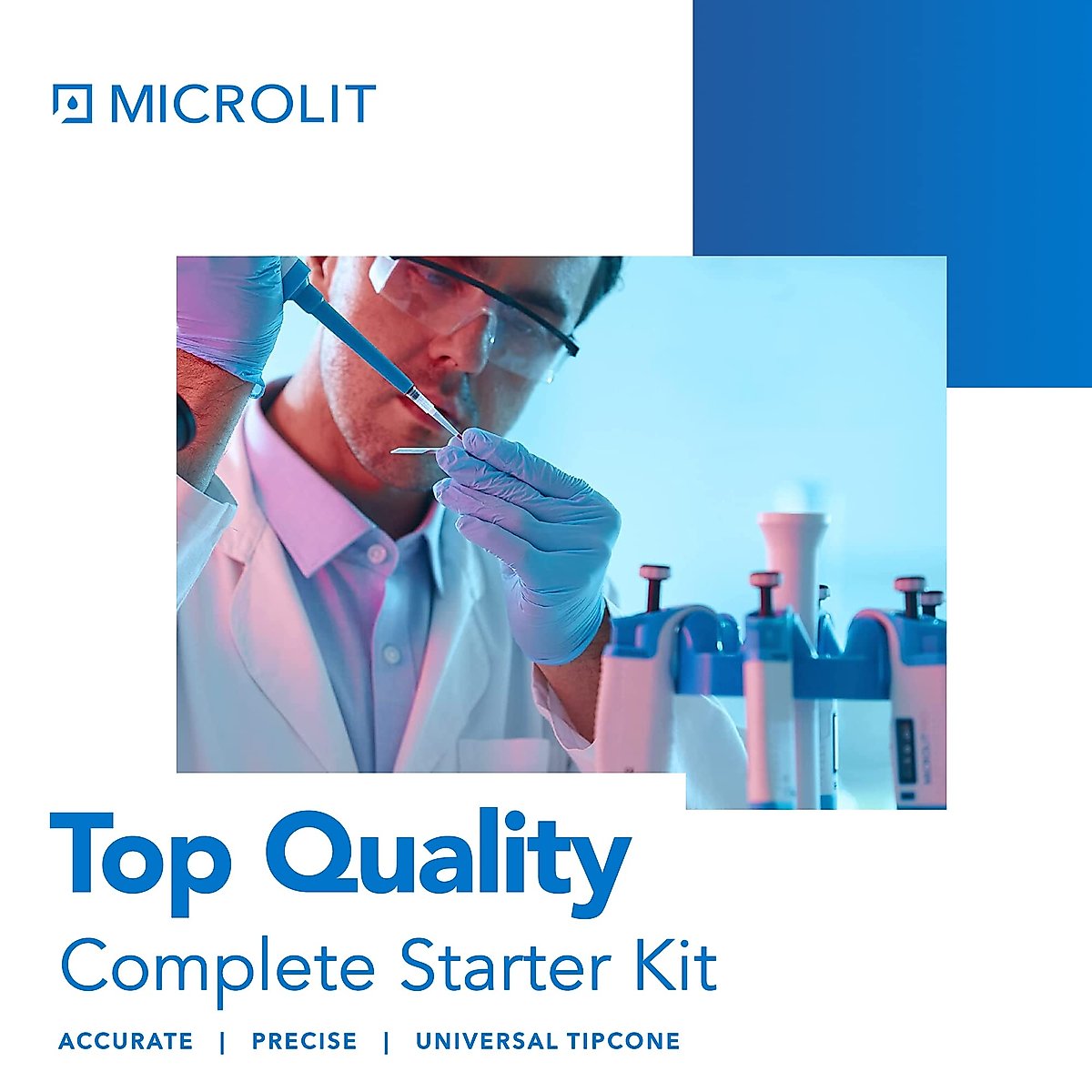MICROLIT - Complete Starter Kit, Pipettes with 0.5-10ul, 10-100ul, 100-1000ul and 1-10ml Liquid Capacity, 4-Piece Set of Pipettes with a Carousel Stand and Compatible Micropipette Tips