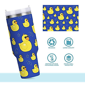 Doodle Cute Yellow Duck Blue Tumbler with Handle and Straw Lid, Cartoon Animal 40 oz Insulated Coffee Cup Stainless Steel Water Bottle Travel Mug Cupholder Friendly,Gifts for Women Men