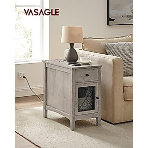 VASAGLE Side Table with Storage, End Table with USB Ports and Outlets, Nightstand with Charging Station, Drawer, Storage Cabinet, Magazine Rack, for Living Room, Bedroom, Greige