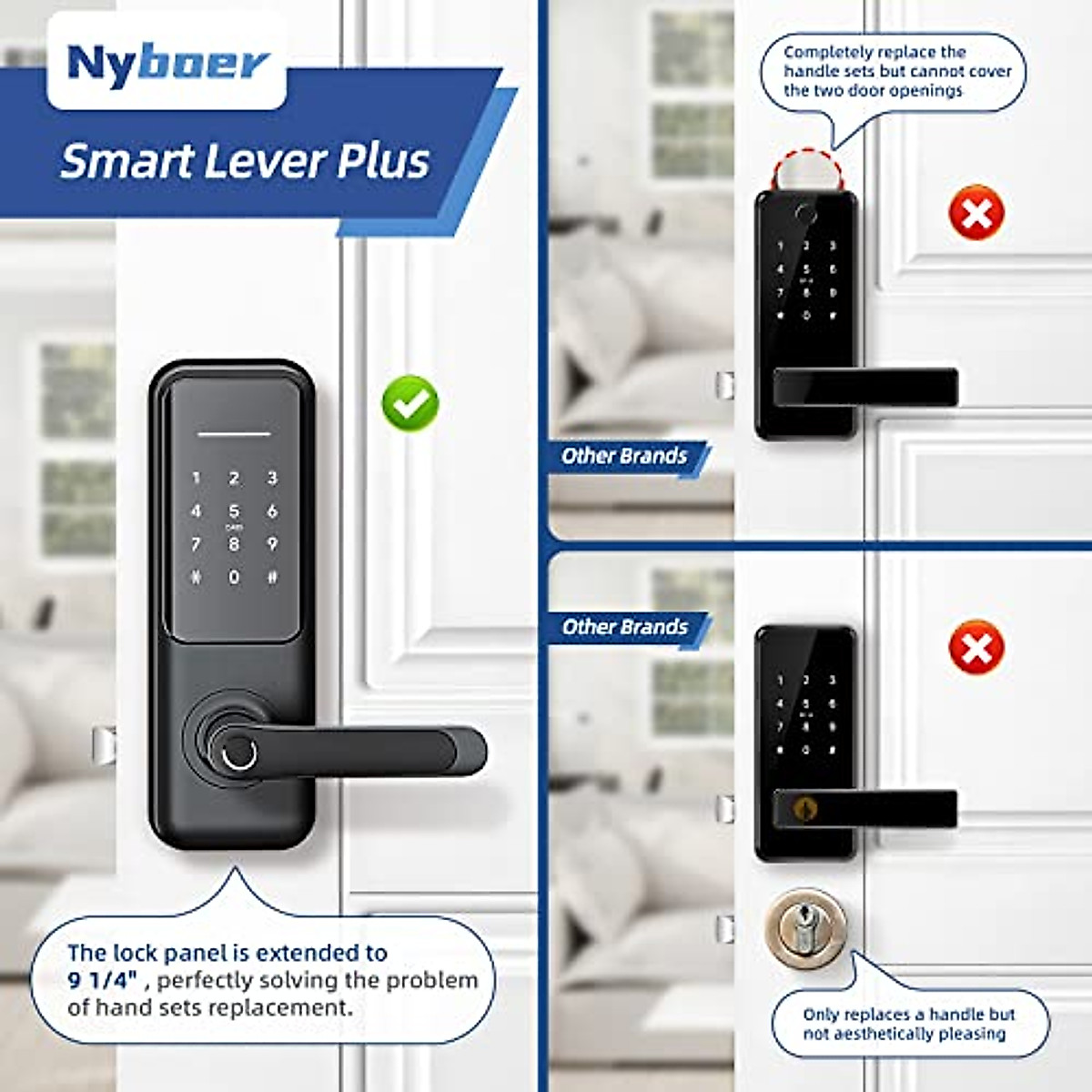 Smart Lock, Nyboer Smart Door Handle, Fingerprint, Keyless Entry Door Lock with Handle, Digital Lock with Keypad, Electronic Passcode Smart Door Lock for Front Door,Keypad Door Handle