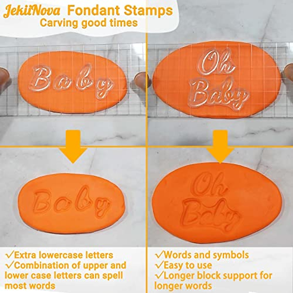 4PCS Alphabet Cake Stamps Tool for Fondant Cookie Biscuit, Pretty Handwriting Food Grade Fondant Letter Stamp Uppercase Extra Spare Lowercase Numbers Words Reusable Cookie Stamp for Christmas Party