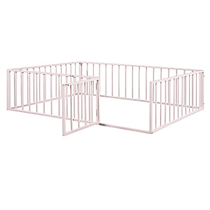 Harper & Bright Designs Queen Metal Floor Bed Frame with Rails, Queen Montessori Floor Bed with Fence and Door, for Kids Girls Boys (Queen Size, Pink)