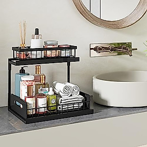 Under Sink Organizers and Storage, Double Sliding Pull Out cabinet organizer for Bathroom Organization and Storage 2 Tier Kitchen Sink Organizer Under Cabinet Storage Organizer with Slide Drawers