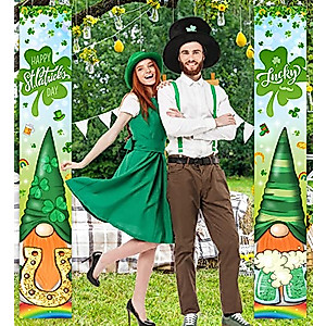 St. Patrick's Day Door Banner-Shamrock Gnomes Porch Signs Irish Happy St. Patrick's Day Party Supplies Green Gnomes Lucky Banner for St. Patrick's Day Outdoor Decorations