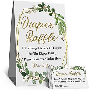 Diaper Raffle Tickets, Diaper Raffle Sign, Greenery Insert Ticket, Golden Baby Showers Decorations，Card for Baby Shower Game to Bring a Pack of Diapers(1 Sign+50 Cards)
