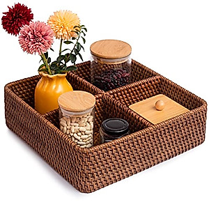 Rattan Basket Compartments Square Divided Organizer 4-Section for Shelves 12 x 12 x 3.5 in Divided Basket Wicker Toilet Paper Basket for Storage Organizing Bathroom(4-Divider, Dark Brown)