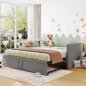 CITYLIGHT Velvet Extendable Daybed Frame Twin to King Design, Twin Daybed with Pop up Trundle, Upholstered Sofa Bed Daybed with Wood Slat Support for Bedroom, Living Room, Gray
