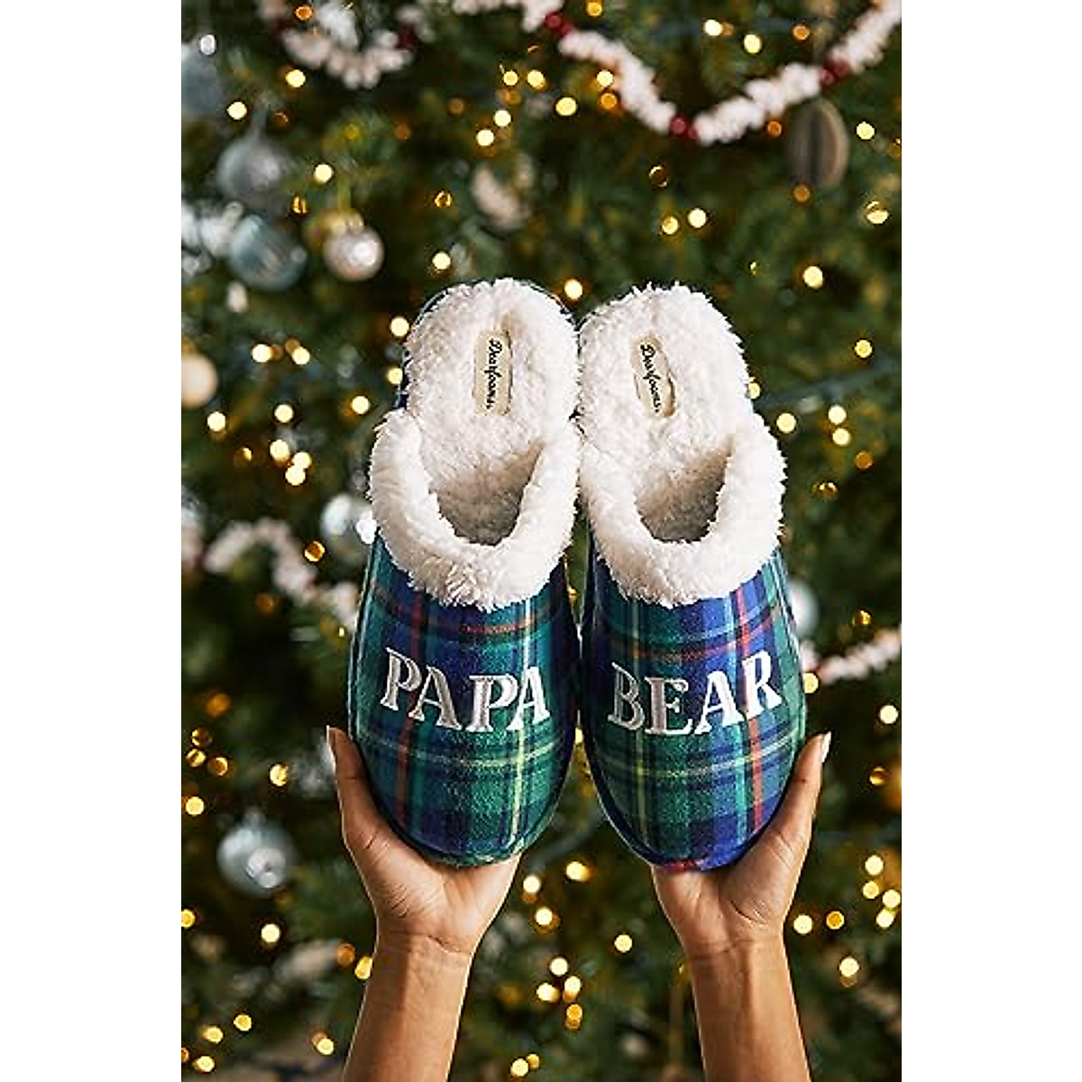 Dearfoams Men's Gifts for Dad Funny Fathers Day Papa Bear Slipper, Green Plaid, 11-12