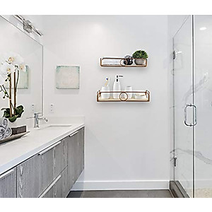 DUCIHBA Set of 2 (Large & Small) Wall Mount Floating Shelves Storage Organize Decorate Display for Nursery Living Kitchen Bedroom Bathroom, Torched Wood with Metal Railing_ Natural Beige & Golden