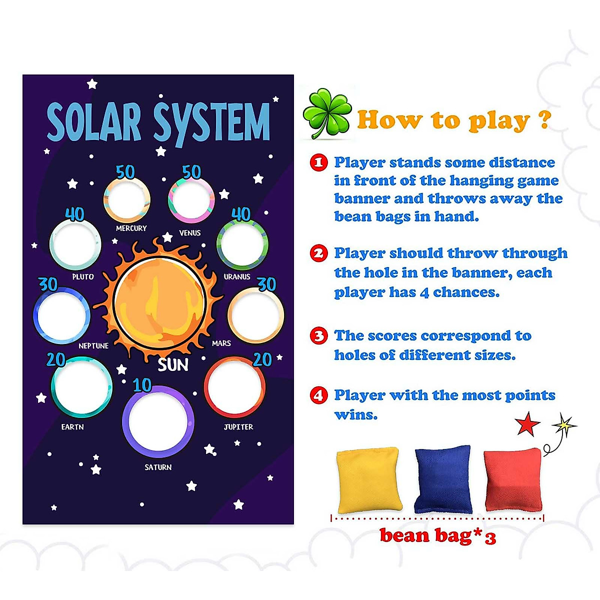 Solar System Science Toss Games Banner Backdrop Outer Space 9 Planets Universe Galaxy Theme Decor Decorations for Indoor Outdoor Boy Girl 1st Birthday Party Baby Shower Supplies Favors Background