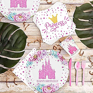NAIWOXI Princess Birthday Party Supplies - Princess Party Decorations Tableware Set Include Plates, Napkins, Cups, Cutlery, Tablecloth, Straws, for Girls Princess Baby Shower Decorations | Serve 24