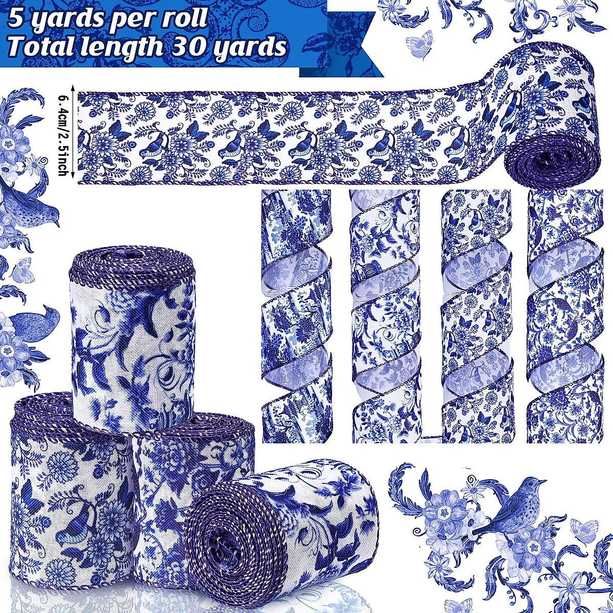 Lyrow 6 Rolls Christmas Chinoiserie Ribbon White and Blue Wired Edge Floral Ribbon Butterfly Flower Pattern Fabric Craft Wreath Bow Wrapping 2.52 Inches by 5 Yards