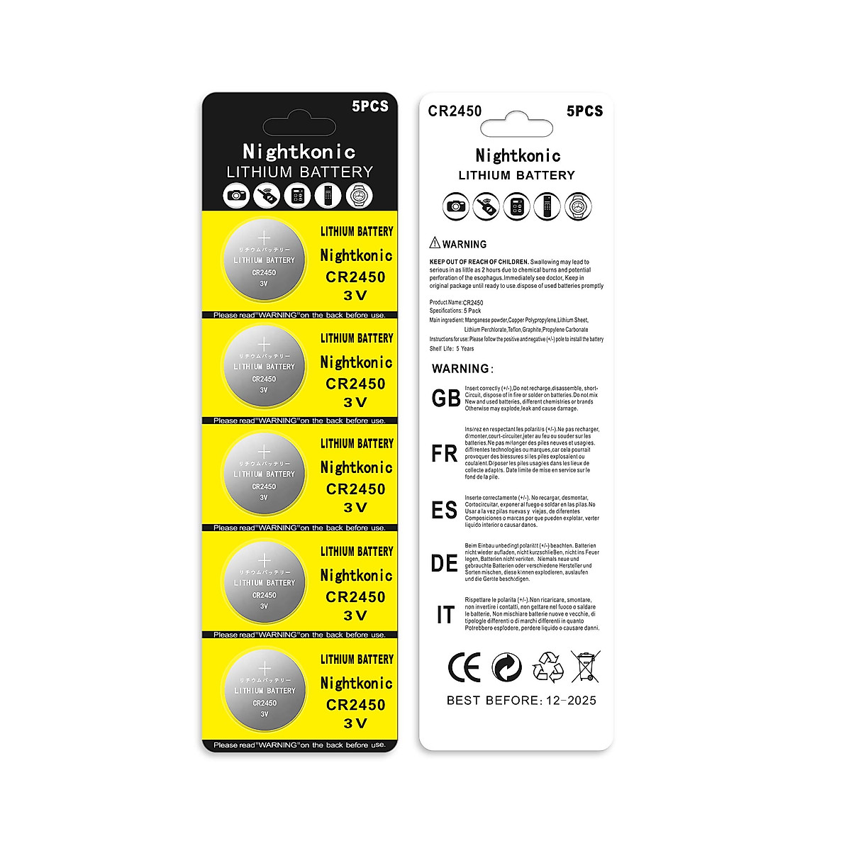 Nightkonic 15 pcs Pack - CR2450 Battery 3v Lithium Button Cell Coin 2450 Batteries