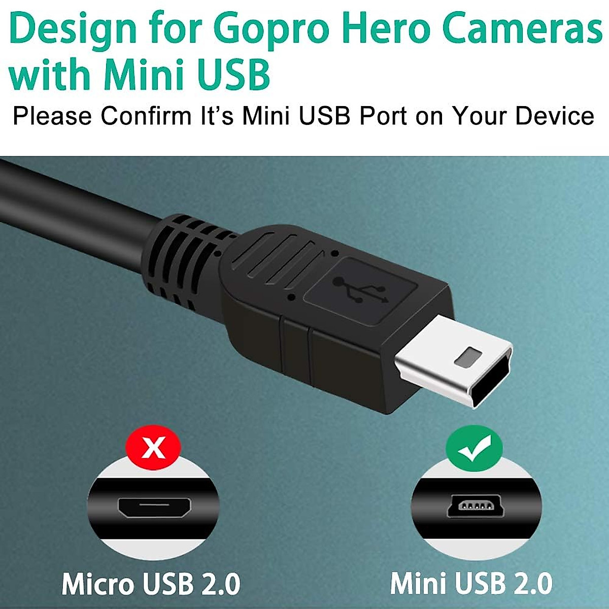 SCOVEE Mini USB Charger Cable for Gopro Hero 4 Silver Hero 4 Black Hero 3+ Silver Hero 3+ Black Hero 3 White Hero 3 Black Hero 3 Silver Hero 2 Hero 1,Mini-B Camera Data Sync Charging Power Cord 3ft