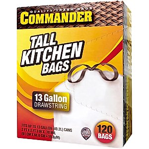 Commander 13 Gallon 0.78 MIL White Plastic Trash Bags Unscented - 24" x 27" - Pack of 120, For Home, Kitchen, Commercial, & Office