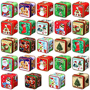 Domensi 24 Pcs Christmas Cookie Tins with Lids Square Candy Metal Cookie Tins Empty Retro Xmas Metal Gift Box Large Capacity Xmas Tin Containers for Holiday Storing Cookies Candies Treat (square)