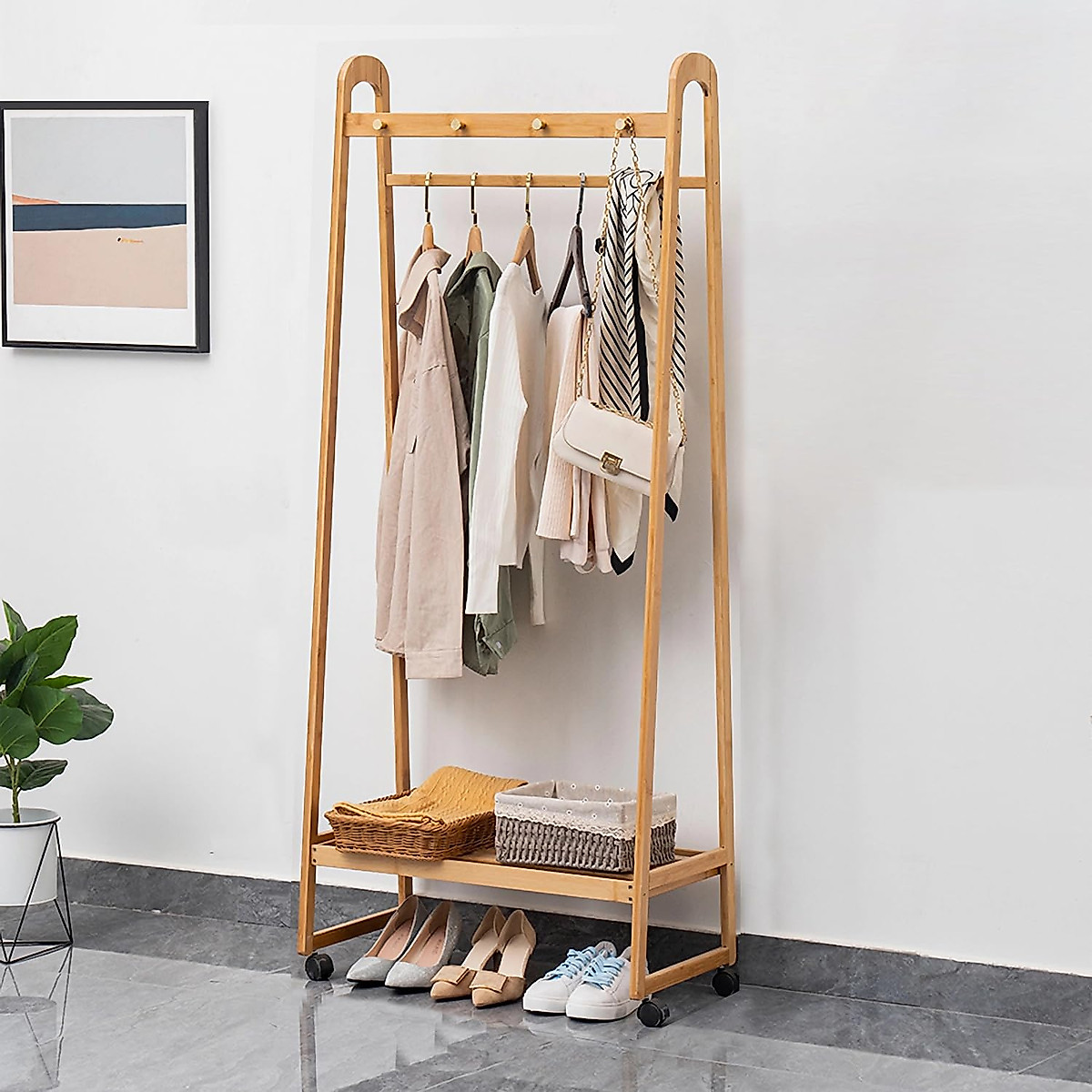 SOBIBO Bamboo Clothes Rack, Garment Rack Rolling Coat Rack Multifunctional Bedroom Hanging Rack Clothing Organizer,Nature