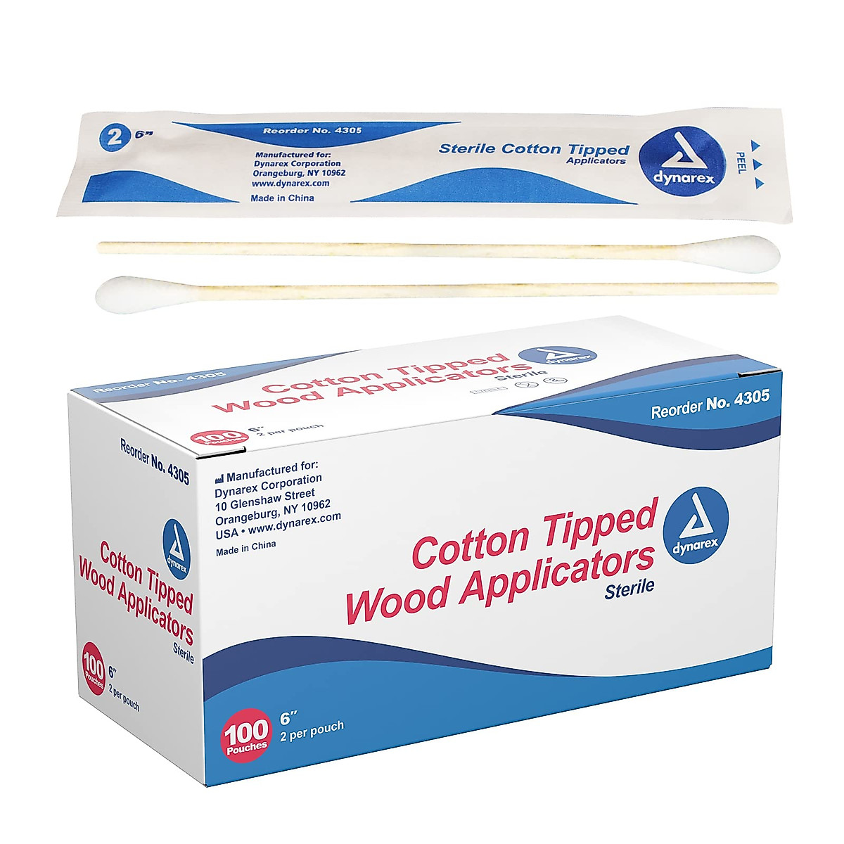 Dynarex 6-Inch Sterile Cotton Tipped Applicators - Single-Use Wooden Cotton Tip Applicators for Wound Care & Dressing, Hygiene, Make Up, Cleaning Tools, Jewelry - 1 Box of 100 Pouches, 2 per Pouch