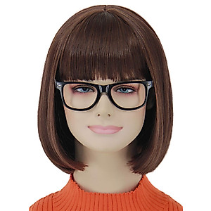 shecool Brown Bob Wig for Velma Wig Women Velma Costume with Glasses Short Bob Wig with Bangs Cute Natural Wigs for Daily Halloween Costume Party SL005BR