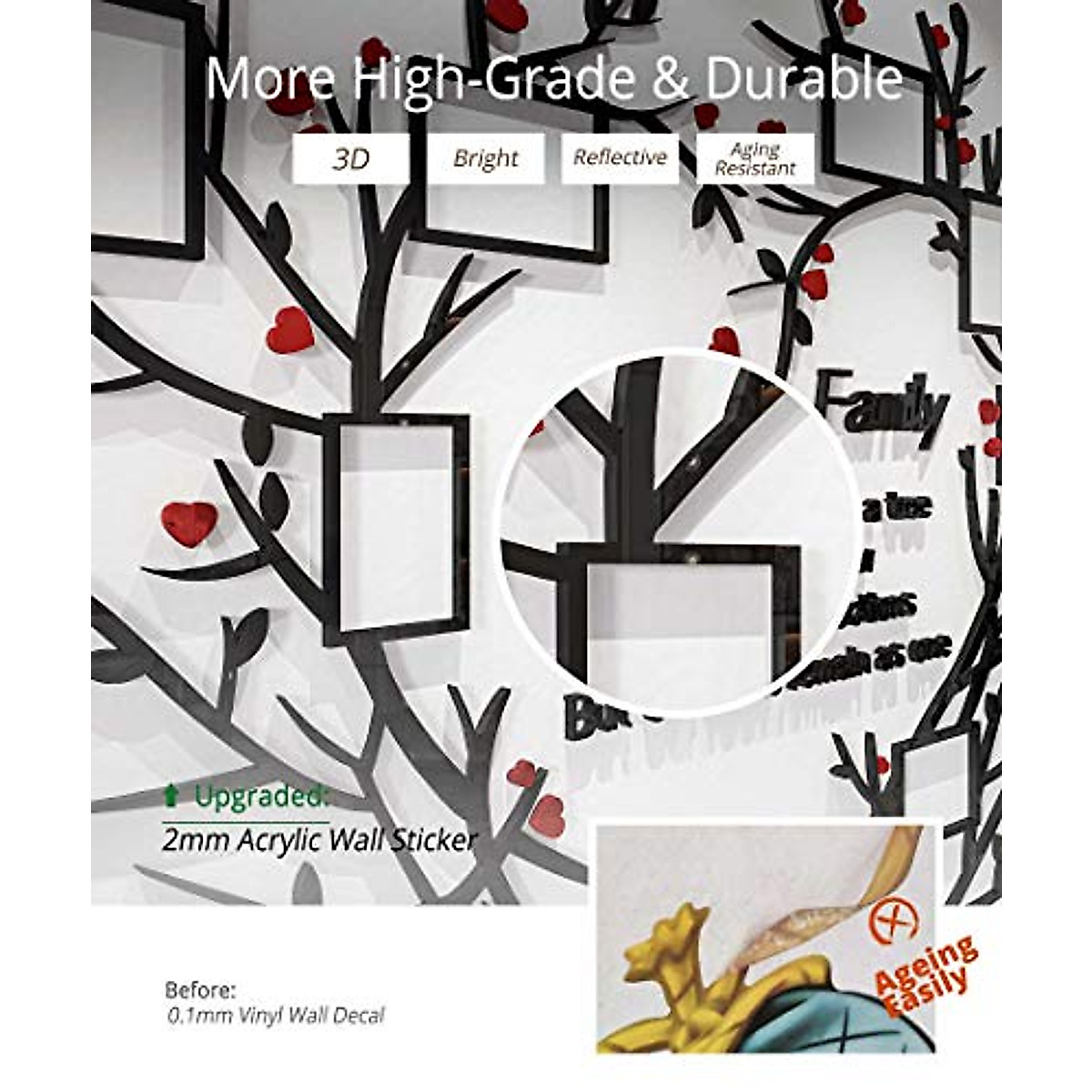 DecorSmart Love Family Tree Wall Decor Picture Frame Collage Removable 3D DIY Acrylic Wall Stickers for Living Room with Red Heart and Quote Family Like Branches on a Tree