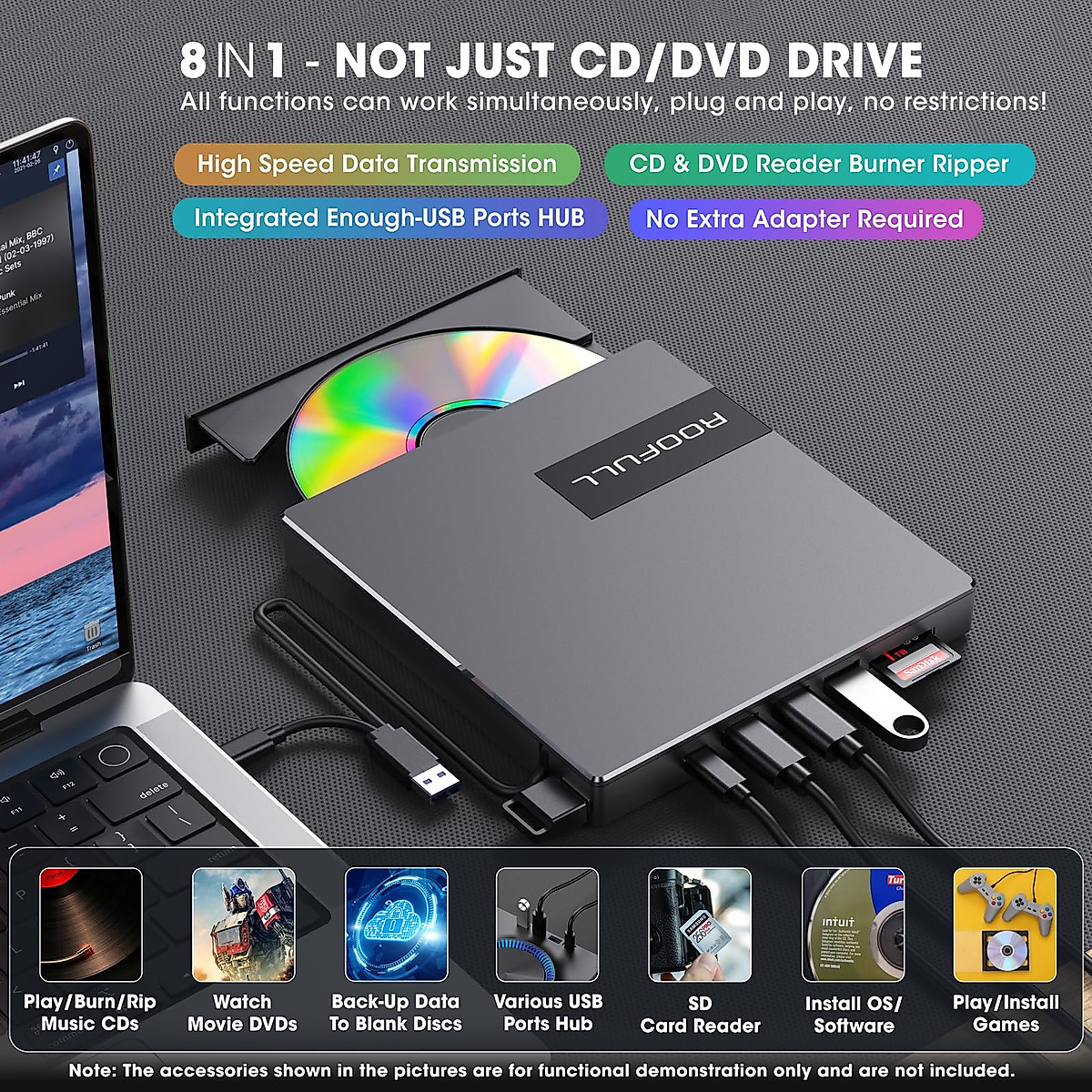 ROOFULL External CD DVD Drive USB 3.0 USB-C with 4*USB Ports and SD/TF Card Slot, Portable CD DVD Player Burner Optical Disc ROM/RW Reader Writer for Laptop PC Apple Mac Windows 11/10 Linux Computer