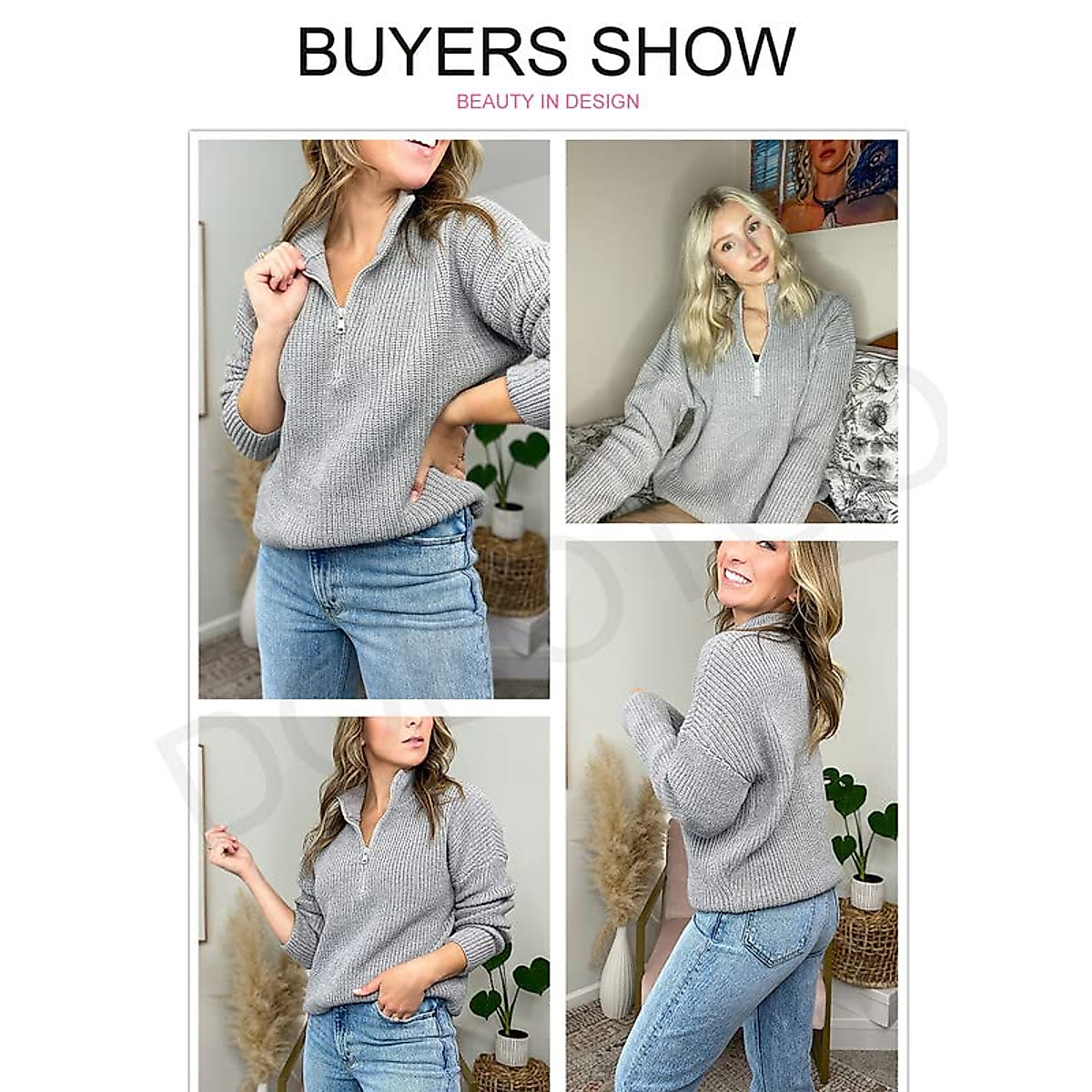 Dokotoo Womens Quarter Zip Sweater Long Sleeve Waffle Knit Casual Tops for Women Fashion 1/4 Zipper Pullover Chunky Gray Sweaters V Neck Oversized Sweater Fall Winter Outfits Clothes X-Large