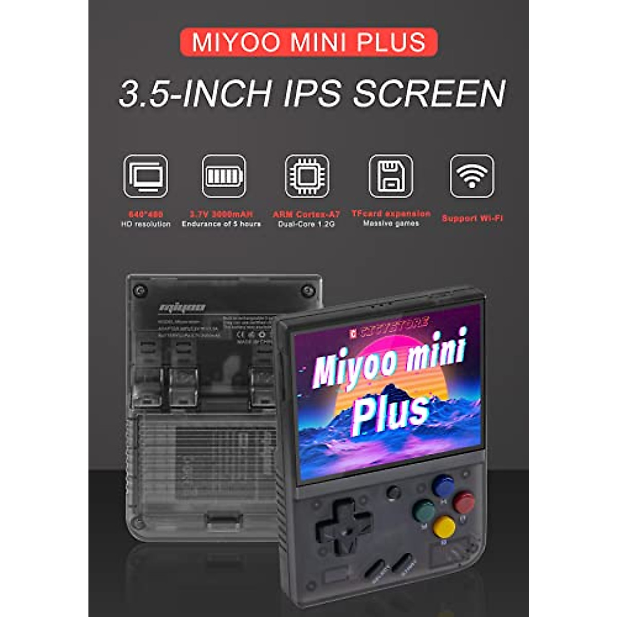 CICYSTORE Miyoo Mini Plus Handheld Game Console,Retro Game Console for Adults and Children,3.5" IPS Screen,64GB TF Card 10,000+ Games,Support WiF(Purple-64G)