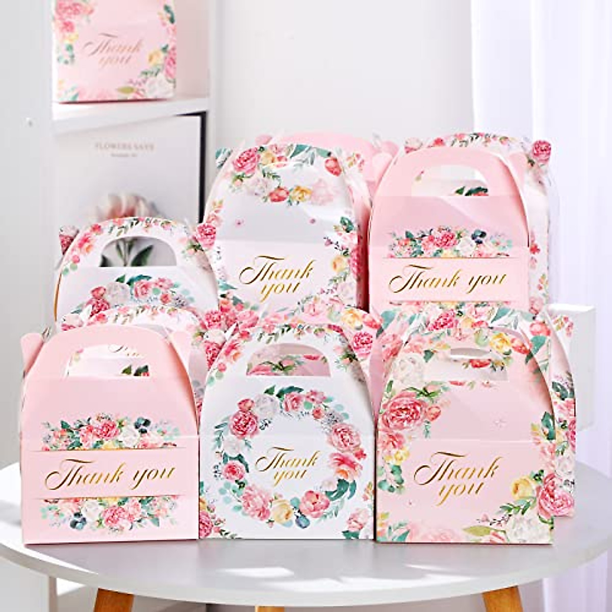 Thank You Treat Boxes 6 x 3.5 x 3.5 Inch, White Pink Floral Cardboard Gift Box Party Favor Boxes Candy Cookie Container for Brunch Wedding Birthday Baby Shower Celebration (24 Pcs)