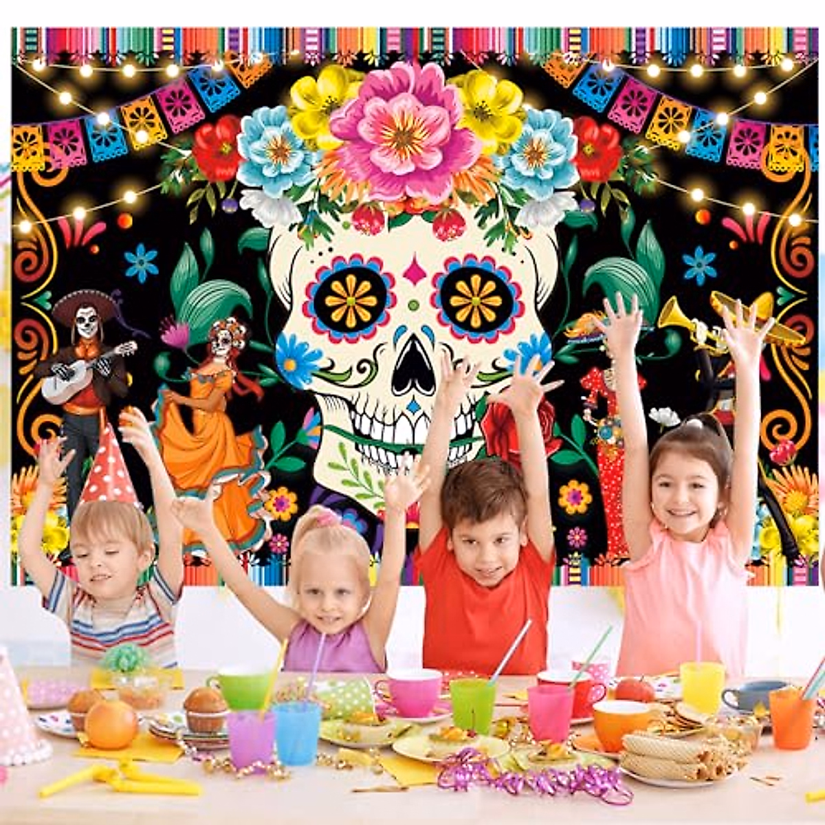 Day of The Dead Banner Backdrop Mexican Fiesta Sugar Skull Flowers Backdrop Banner Photography Background Dia DE Los Muertos Banner Decorations