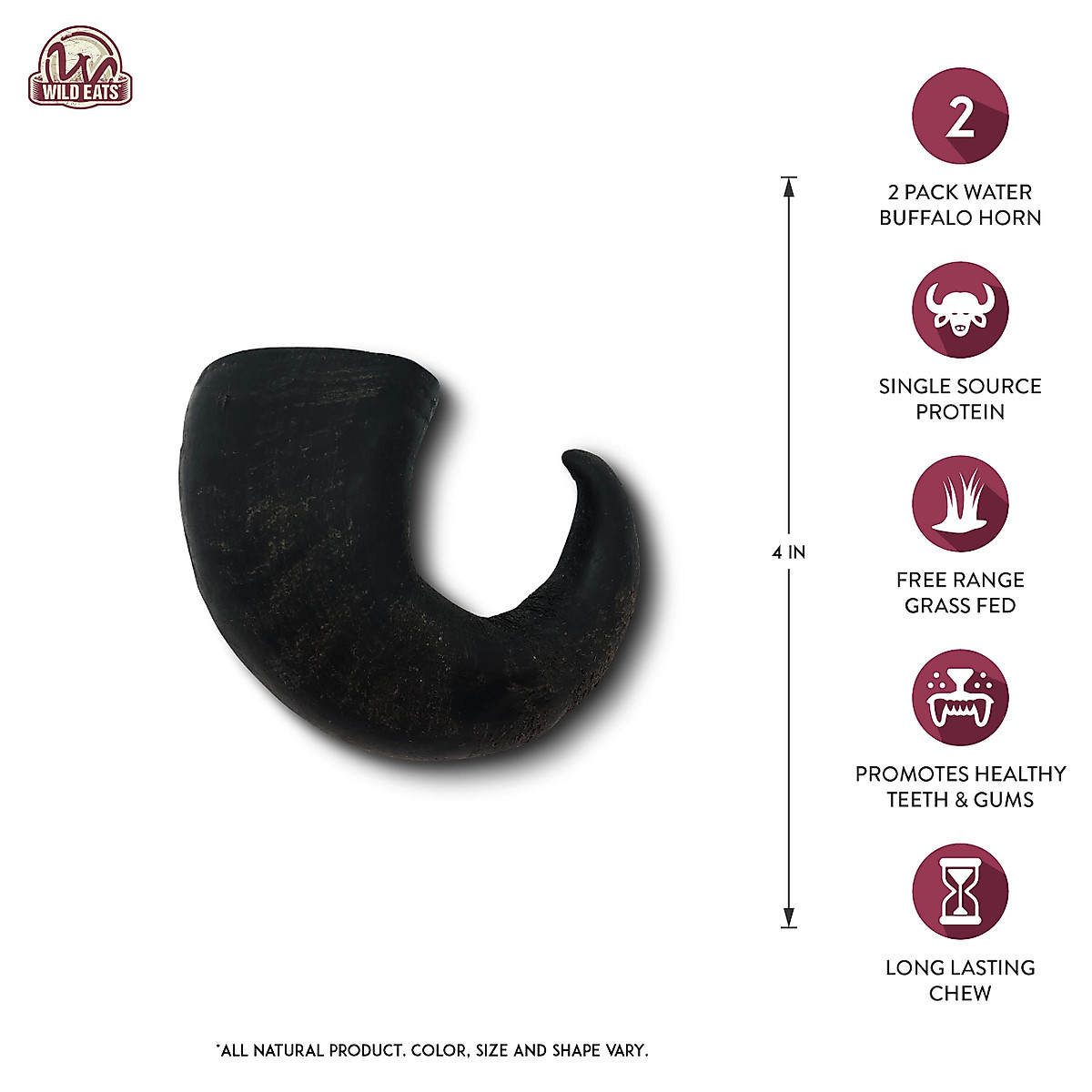 Wild Eats Water Buffalo Horn Dog Chews (All Natural, Single Source Protein, Grain Free Dog Treat, Dog Chews for Power Chewers) 2 Pack Small