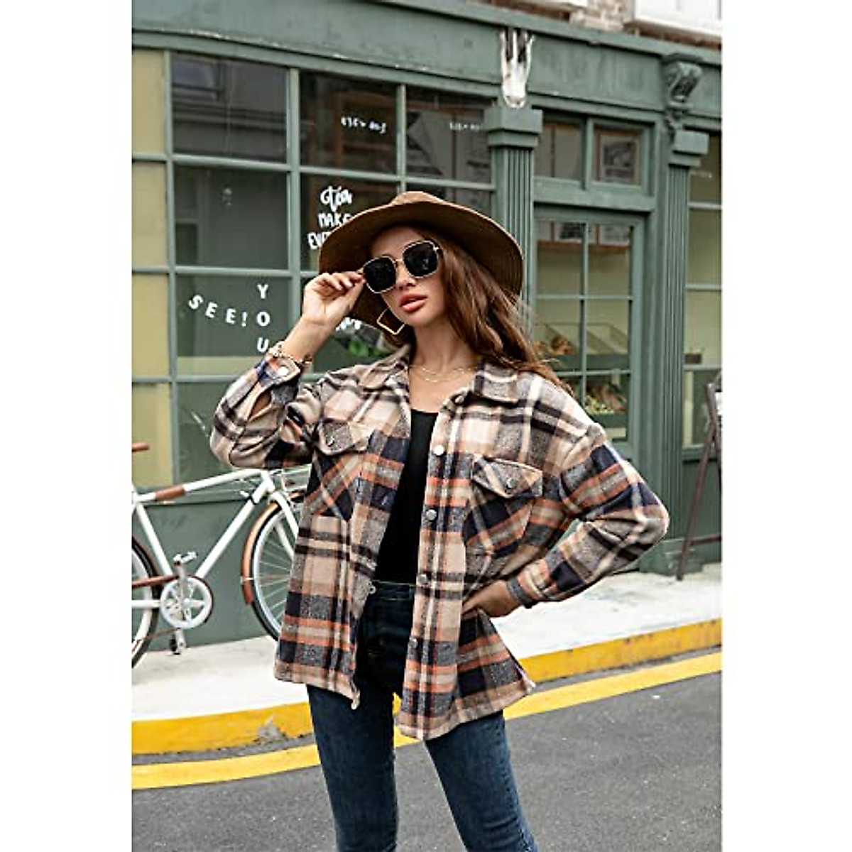 Women Classic Flannel Plaid Jacket Button Down Boyfriend Long Sleeve Lapel Shirts Casual Blouses Tops (Orange, Medium)