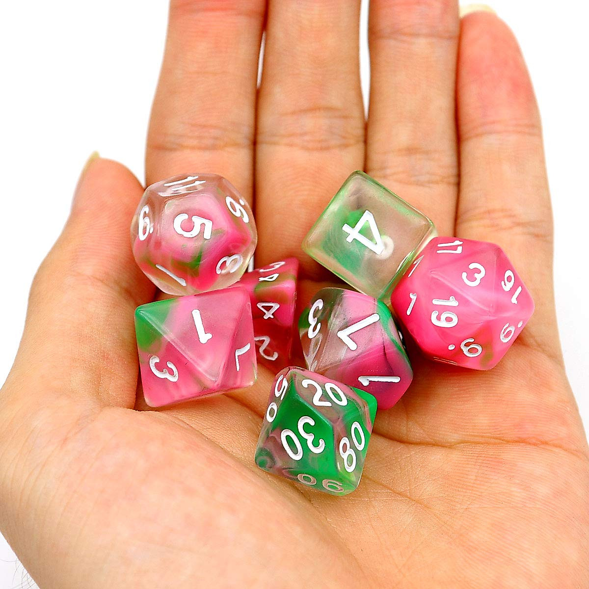 Haxtec DND Dice Set Polyhedral D&D Dice for RPGs-Pink Green Clear Swirl