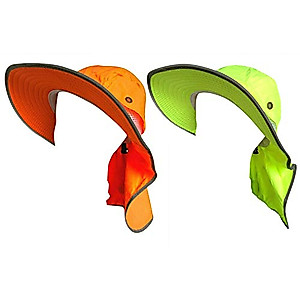 Men High Visibility Sun Hat with Neck Flap Wide Brim Boonie Hat Bucket Cap Packable Adjustable (2PCS (Orange+Lime))