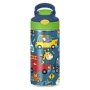 Kigai Funny Cartoon Car Kids Insulated Water Bottle with Straw - Stainless Steel Travel Tumbler Double Wall Vacuum Leak Proof Kids Cup Hot for School Boys Girls