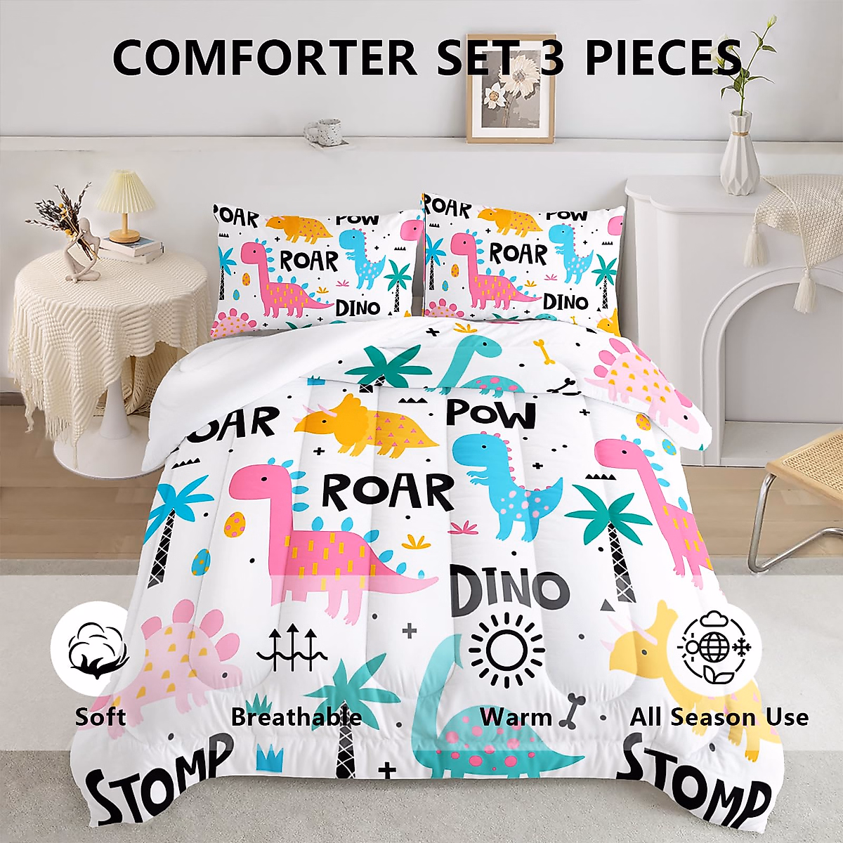 Axolotl Girls Bedding Cartoon Dinosaur Comforter Set Twin Size,Cute Dinosaur Bedding Set for Girls Teens Kids Boys Adults Room Decor,Kids Comforter Set All Season,1 Quilt 2 Pillow Cases,White
