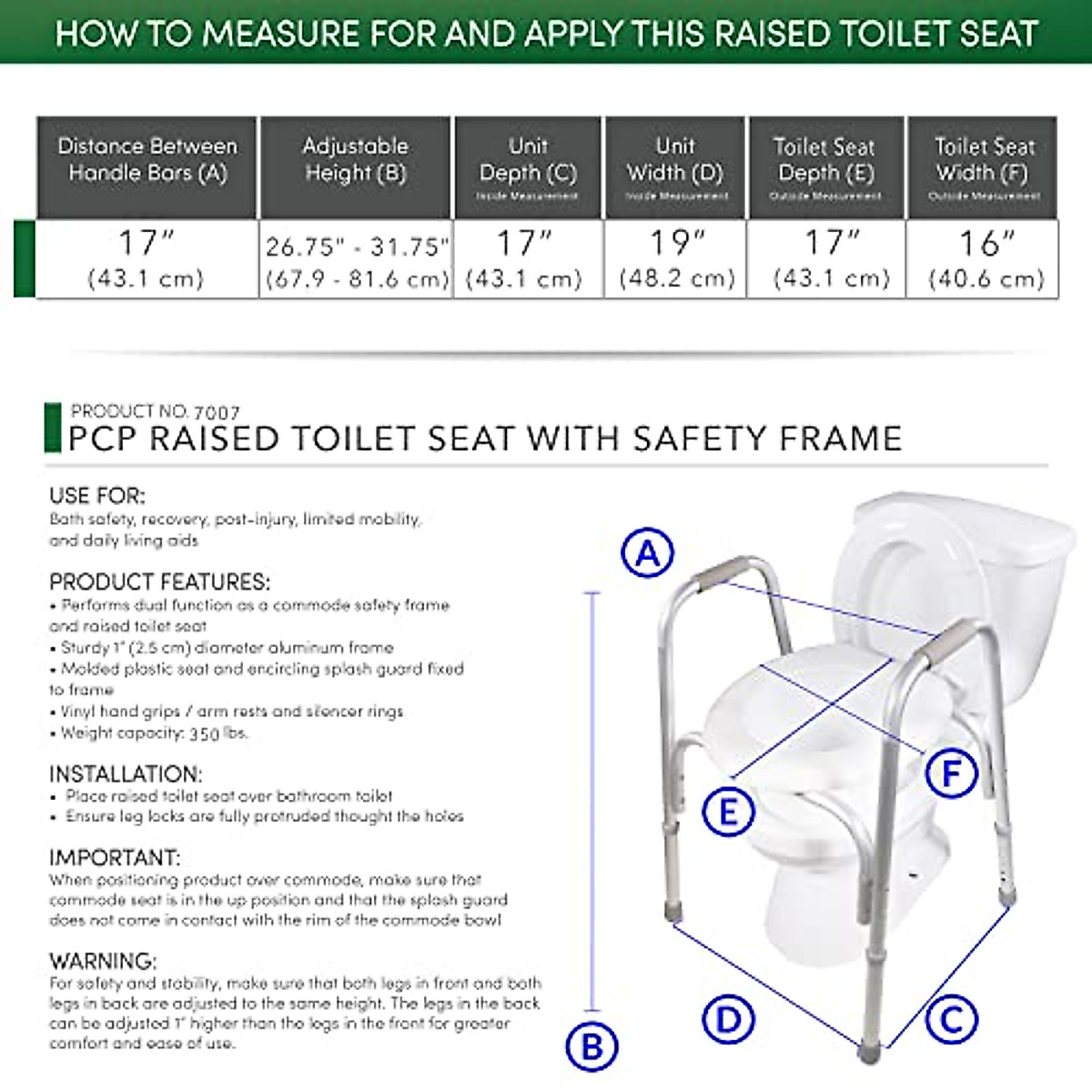 PCP Raised Toilet Seat and Safety Frame (Two-in-One), Adjustable Rise Height, Secure Elevated Lift Over Bowl, Made in USA, Regular