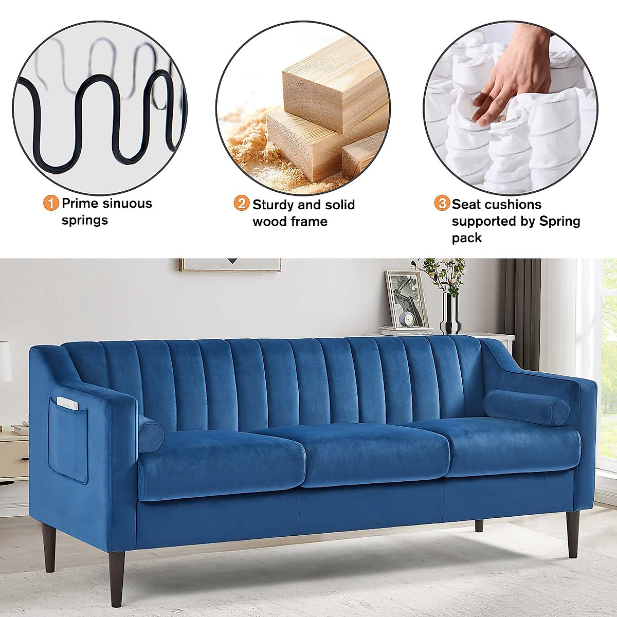 3 Seater Velvet Chesterfield Sofa, 77" Mid-Century Tufted Comfortable Upholstered Sofa Couch with Storage Side Pocket for Living Room Bedroom Office Apartment (Blue)