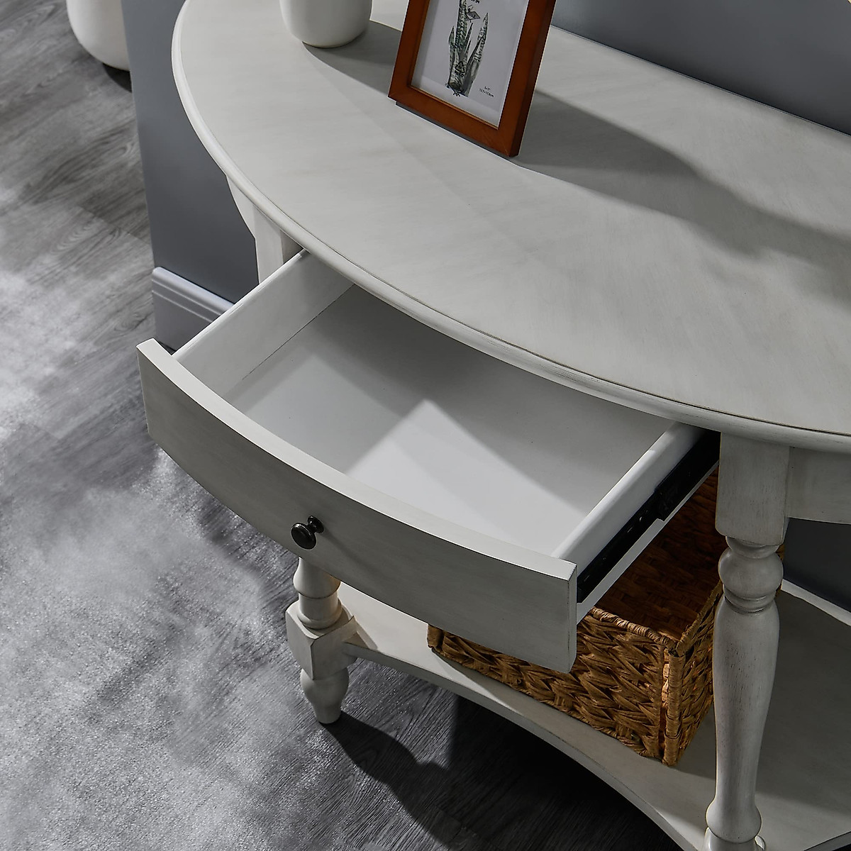 MODERION Solid Wood Console Table with Drawer, Semi-Circle Entryway Table with Storage Shelf, Half-moon Traditional Elegant Vintage Sofa Table for Living Room, Small Space, Antique White SFZ12233RW