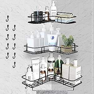 3 Pack Corner Shower Caddy, Adhesive Shower Organizer Corner Bathroom Shelf with Towel Bar and Removable Hooks, Drill Free Shower Rack Corner Rustproof Shower Storage Corner for Bathroom, Kitchen