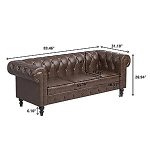 MGH Chesterfield Sofas, 83" PU Couch,Tufted 3 Seats Living Furniture, Mid-Century Sofa Couch Daybed for Living Room and Bedroom (Brown-2)